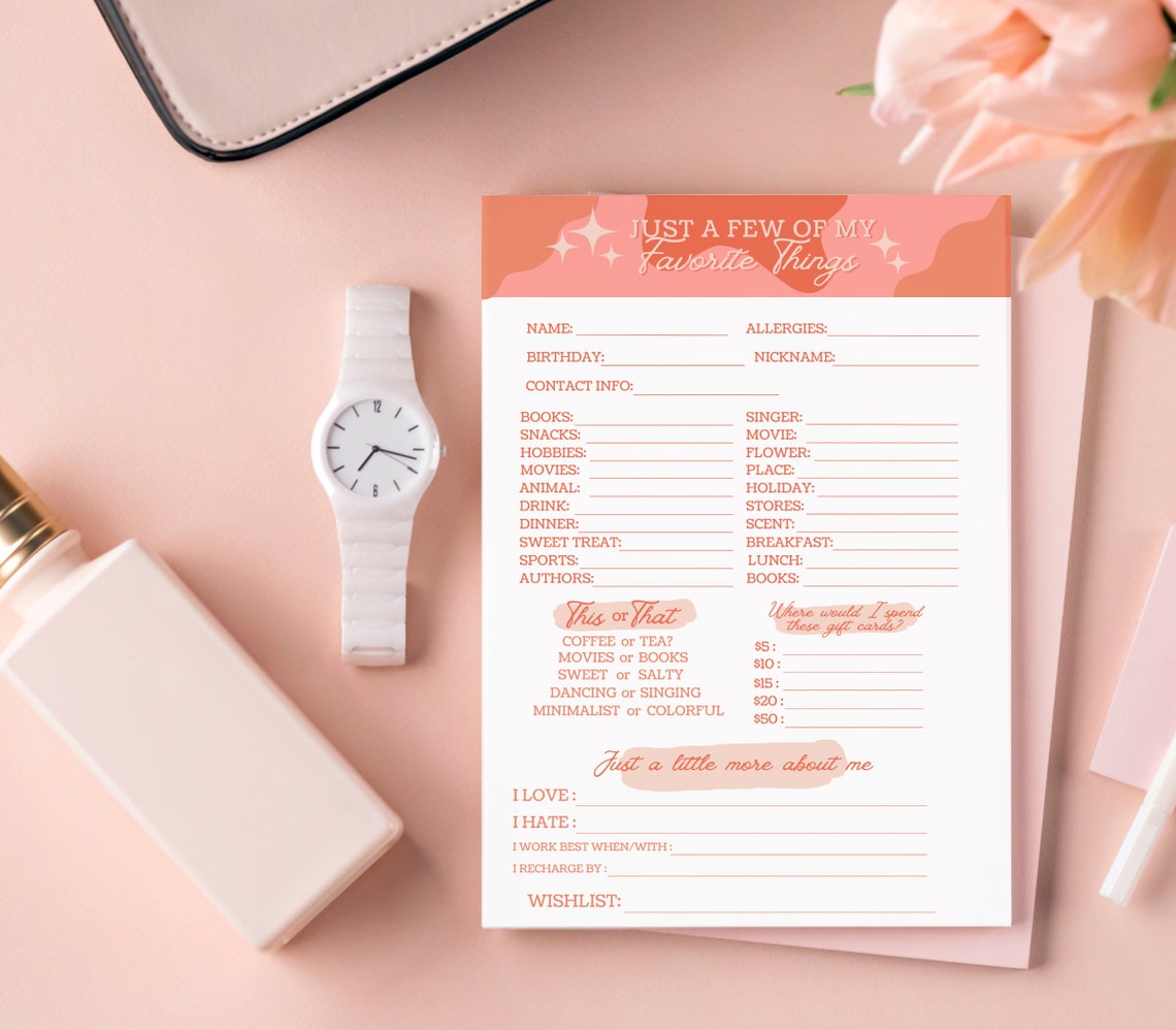 Employee Favorite Things List Printable, Coworker Things Questionnaire ...