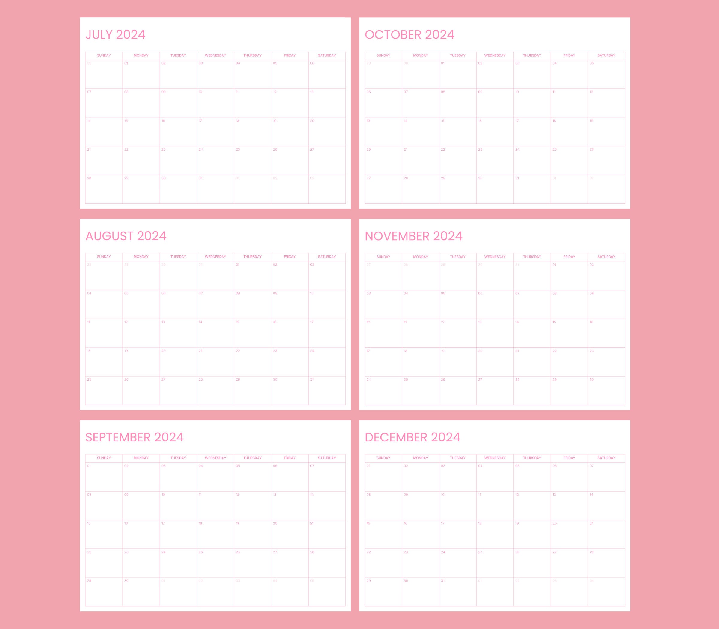 2024 Monthly Calendar Printable Pink Minimalist 12 Month Calendar ...