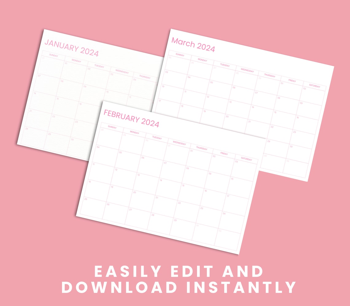 2024 Monthly Calendar Printable Pink Minimalist 12 Month Calendar ...