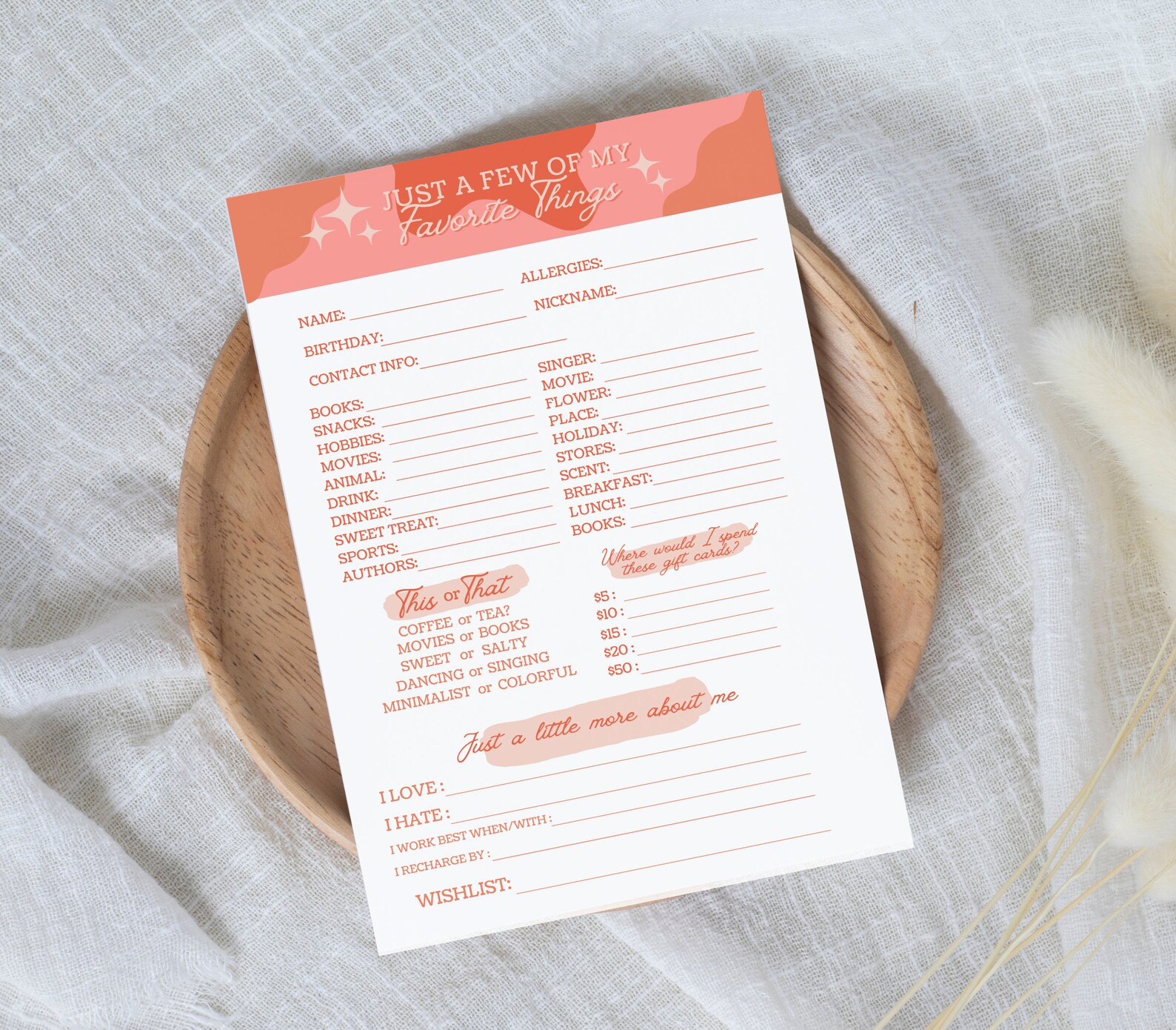 Employee Favorite Things List Printable, Coworker Things Questionnaire ...