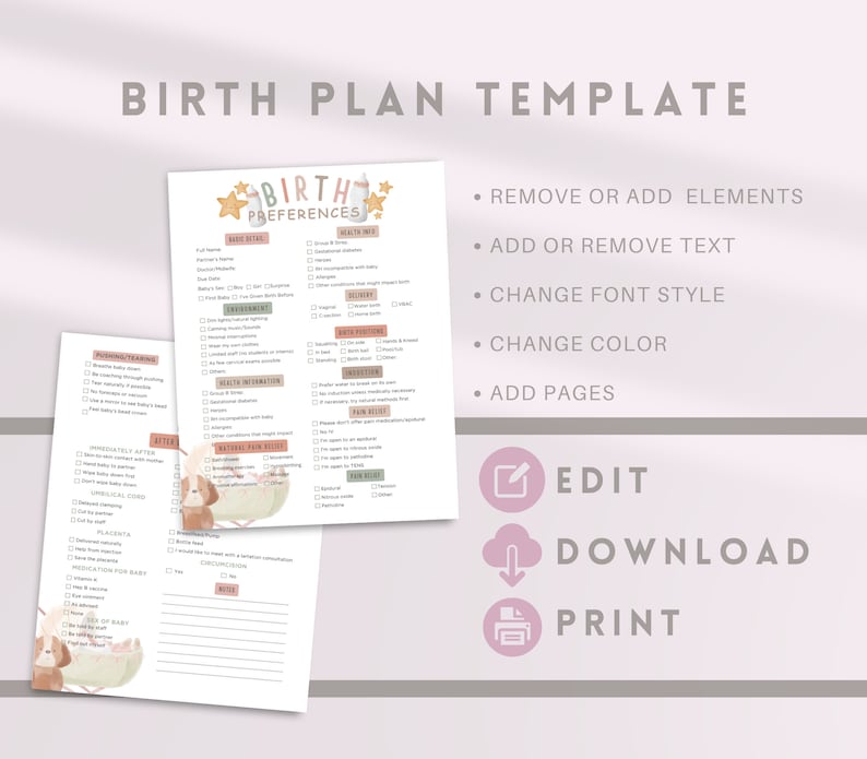 Birth Plan Template, Printable Birth Preferences, Visual Birthing Plan ...