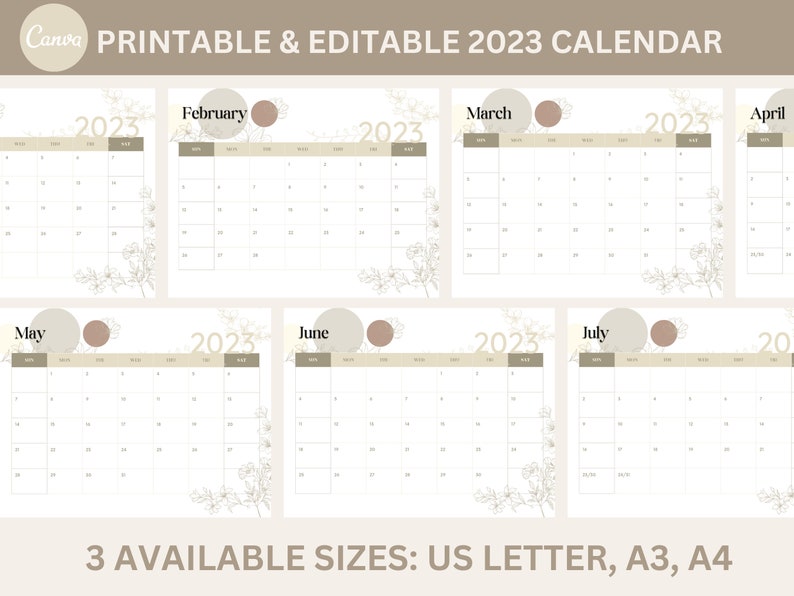 2023 Printable Calendar Landscape, Minimalist Monthly Calendar 2023 ...