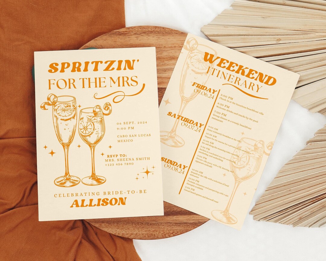 Aperal Spritz Bachelorette Invitation Template With Itinerary Camp ...