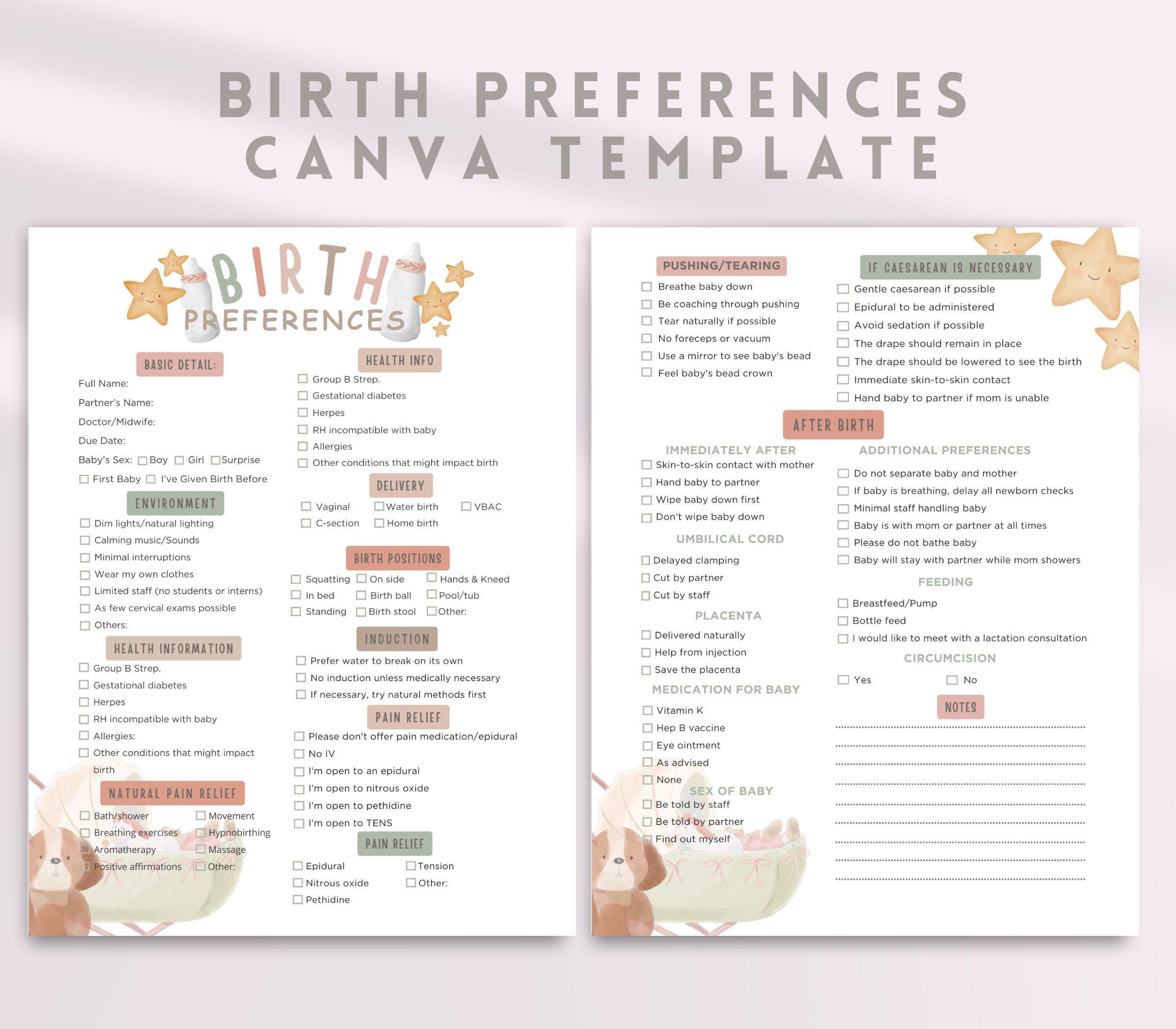 Birth Plan Template, Printable Birth Preferences, Visual Birthing Plan ...