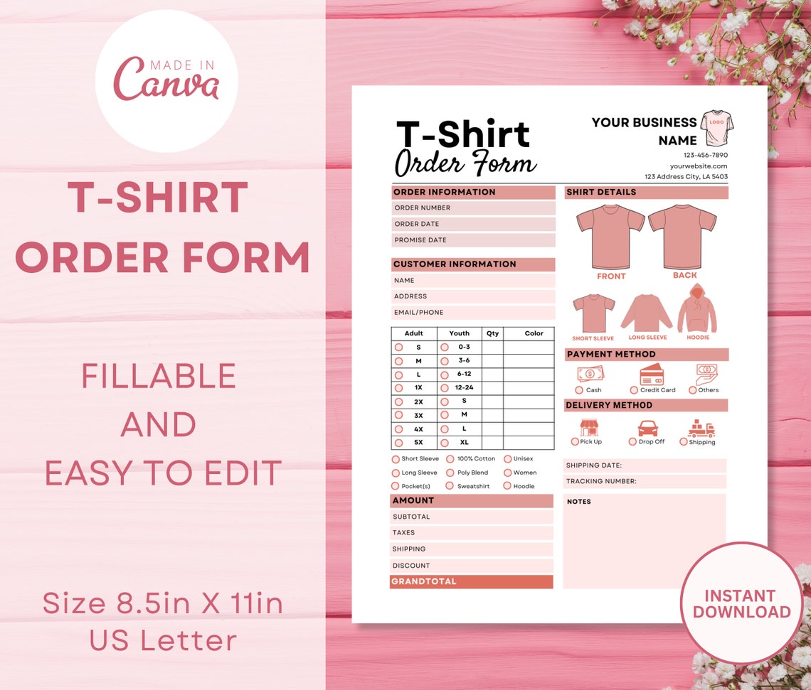 Editable T-shirt Order Form Template Custom T Shirt Order Form, Craft ...