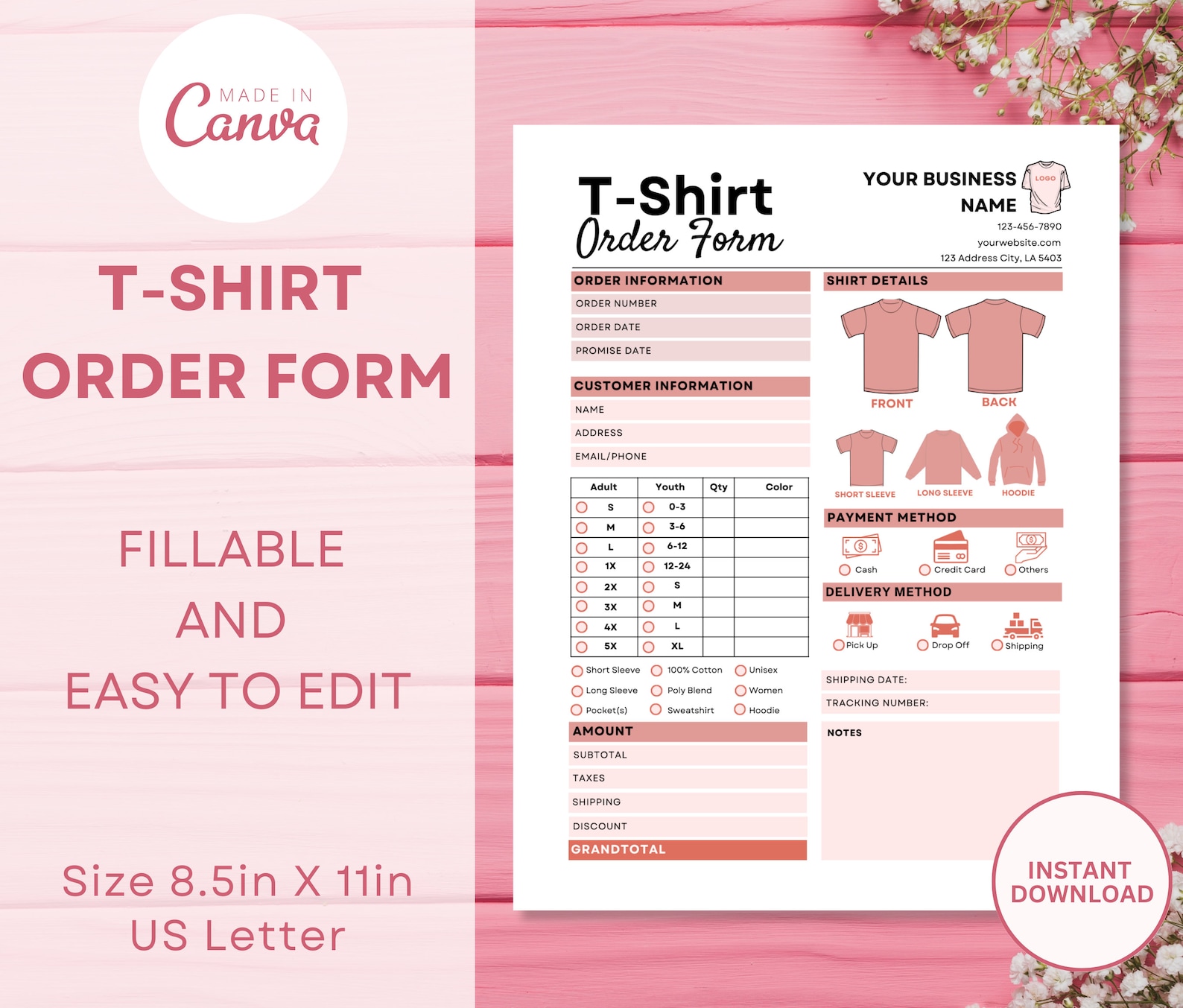 Editable T-shirt Order Form Template Custom T Shirt Order Form, Craft ...
