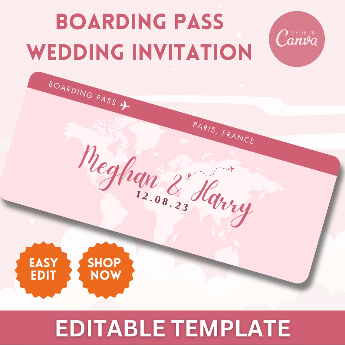 Editable Boarding Pass Wedding Invitation Template Airline Ticket Canva ...