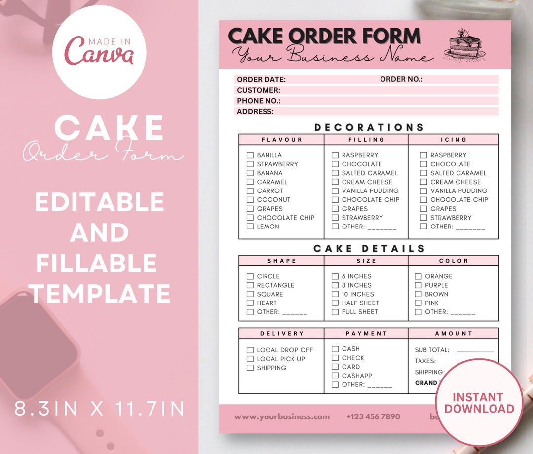 Editable Cake Order Form Template - Bakery Order Form - Custom Order ...