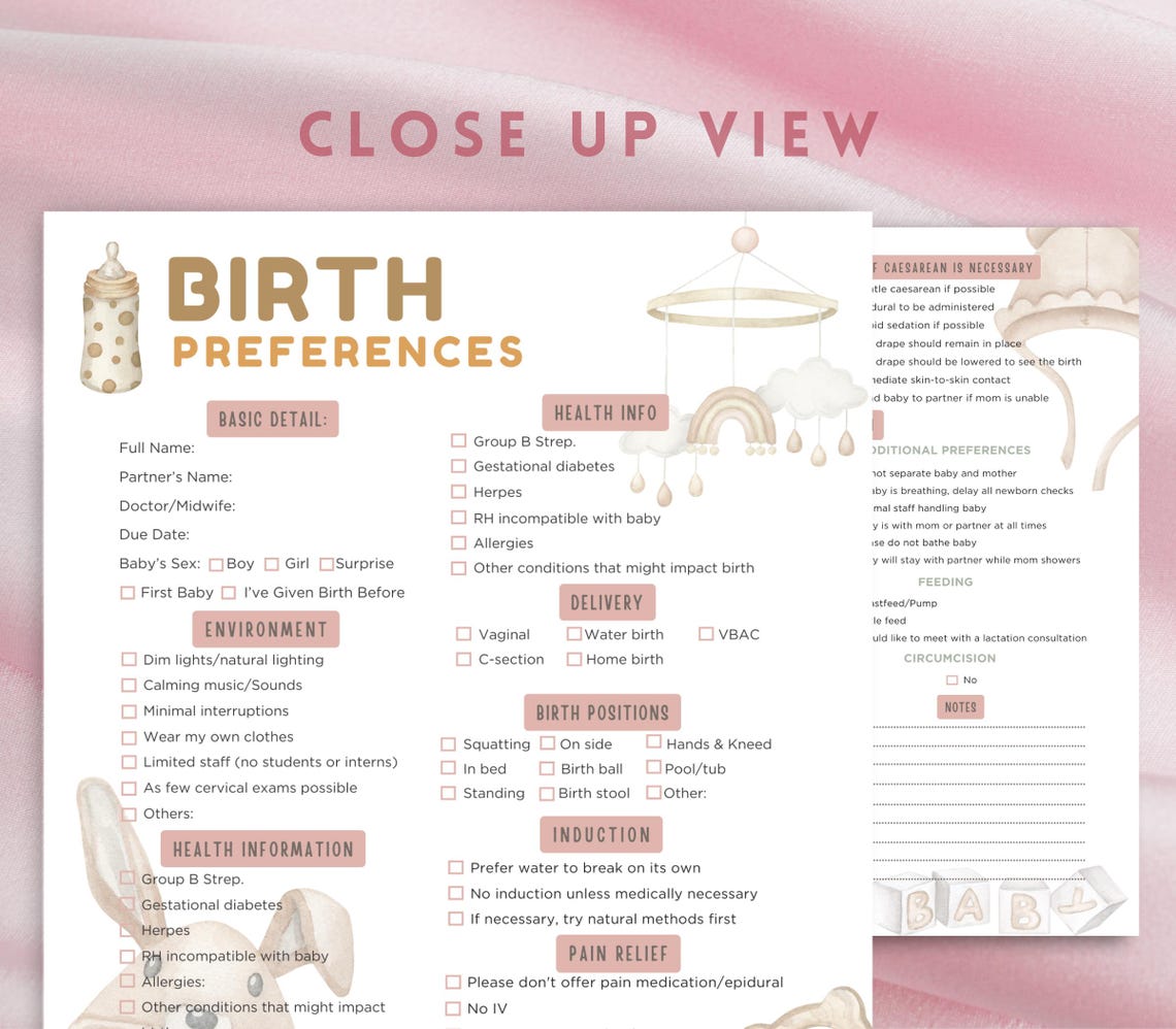 Birth Plan Template, Printable Birth Preferences, Visual Birthing Plan ...