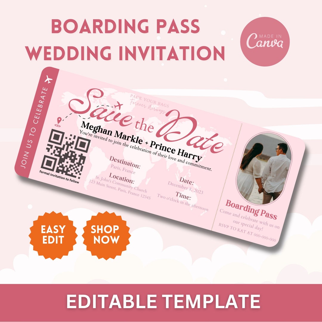 Editable Boarding Pass Wedding Invitation Template Airline Ticket Canva ...