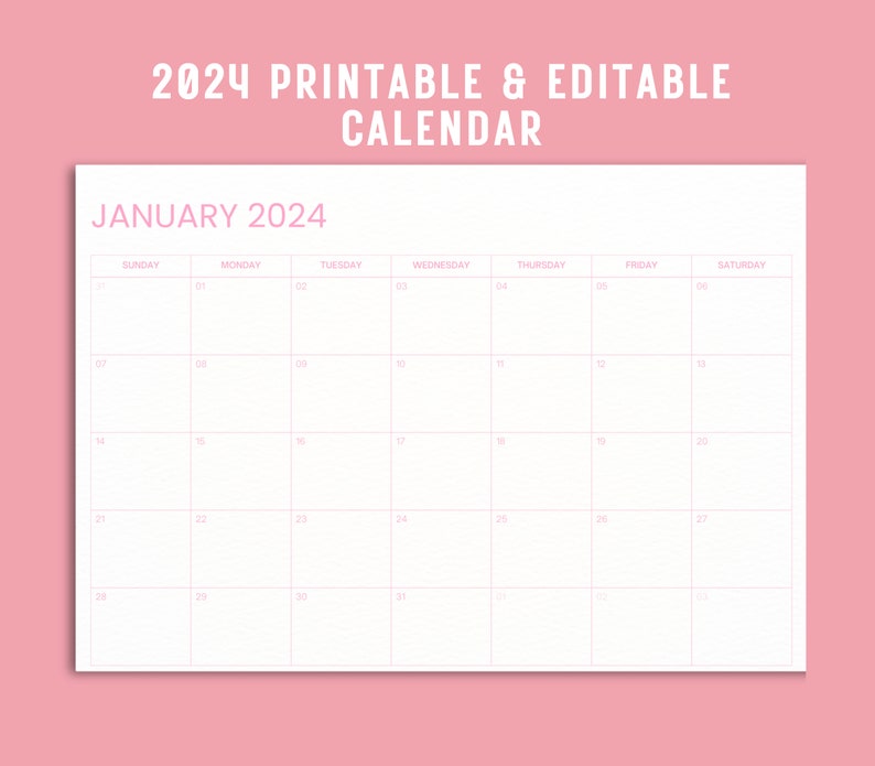 2024 Monthly Calendar Printable Pink Minimalist 12 Month Calendar ...