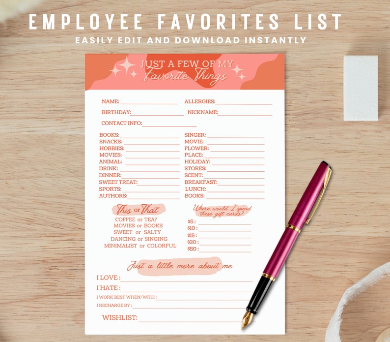 Employee Favorite Things List Printable, Coworker Things Questionnaire ...