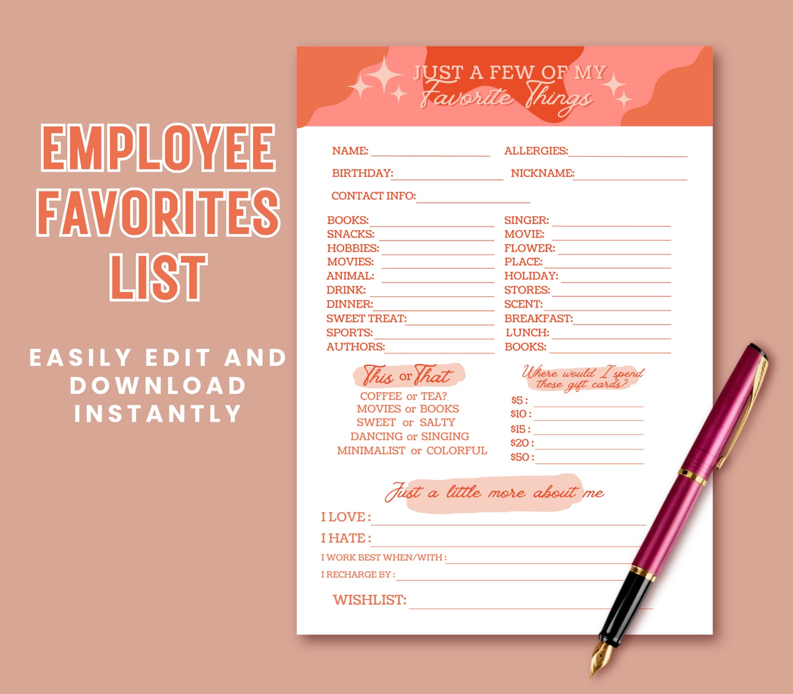 Employee Favorite Things List Printable, Coworker Things Questionnaire ...