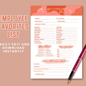 Employee Favorite Things List Printable, Coworker Things Questionnaire ...
