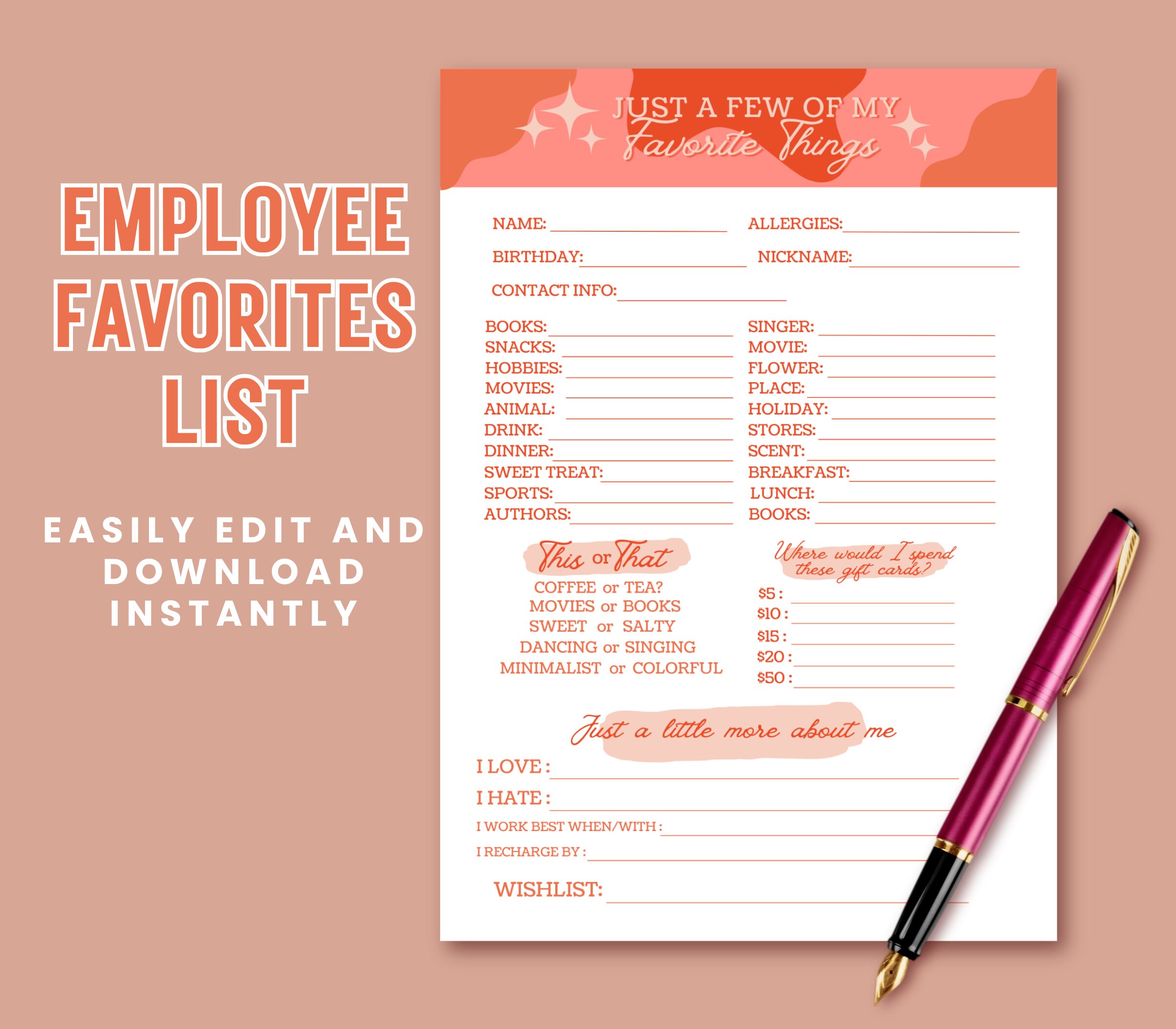 Employee Favorite Things List Printable, Coworker Things Questionnaire ...