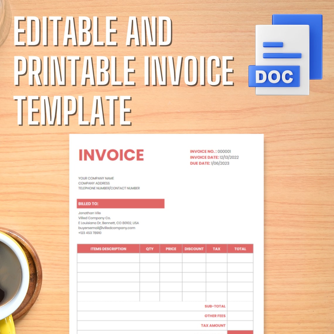 Invoice Template Google Docs Printable Editable Invoice Template Custom ...