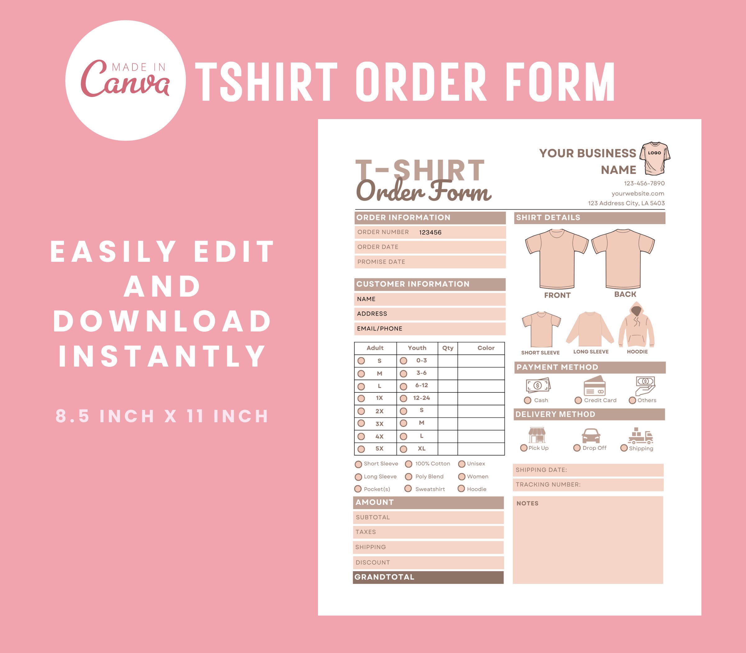 Tshirt Order Form Template - Editable Shirt Order - Custom Canva ...