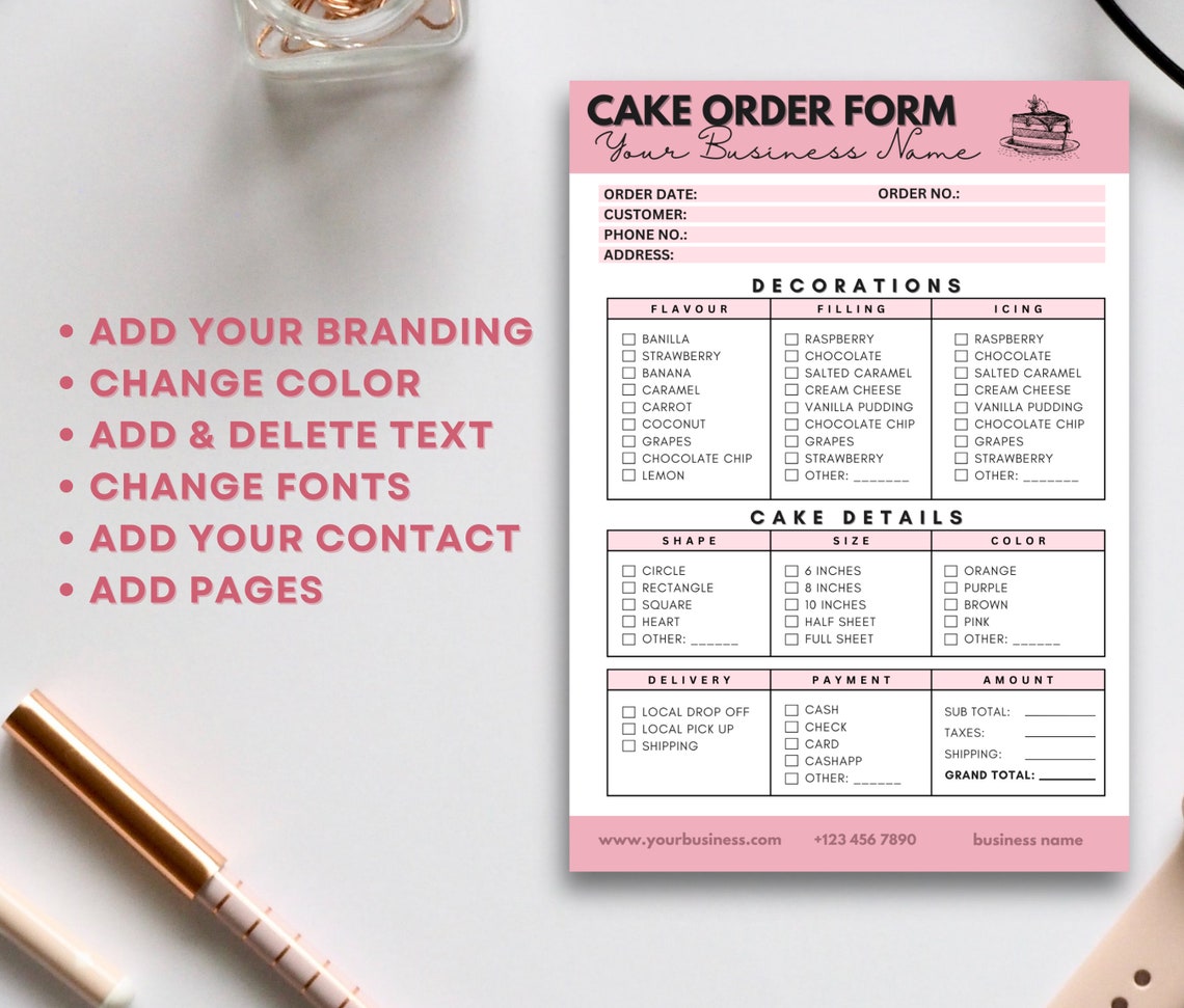 Editable Cake Order Form Template - Bakery Order Form - Custom Order ...