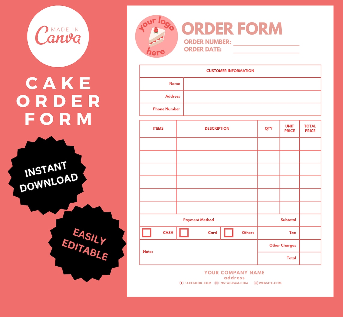 Cake Order Form Canva Template Bakery Order Form Editable - Etsy