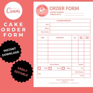 Cake Order Form, Canva Template, Bakery Order Form, Editable Order Form ...