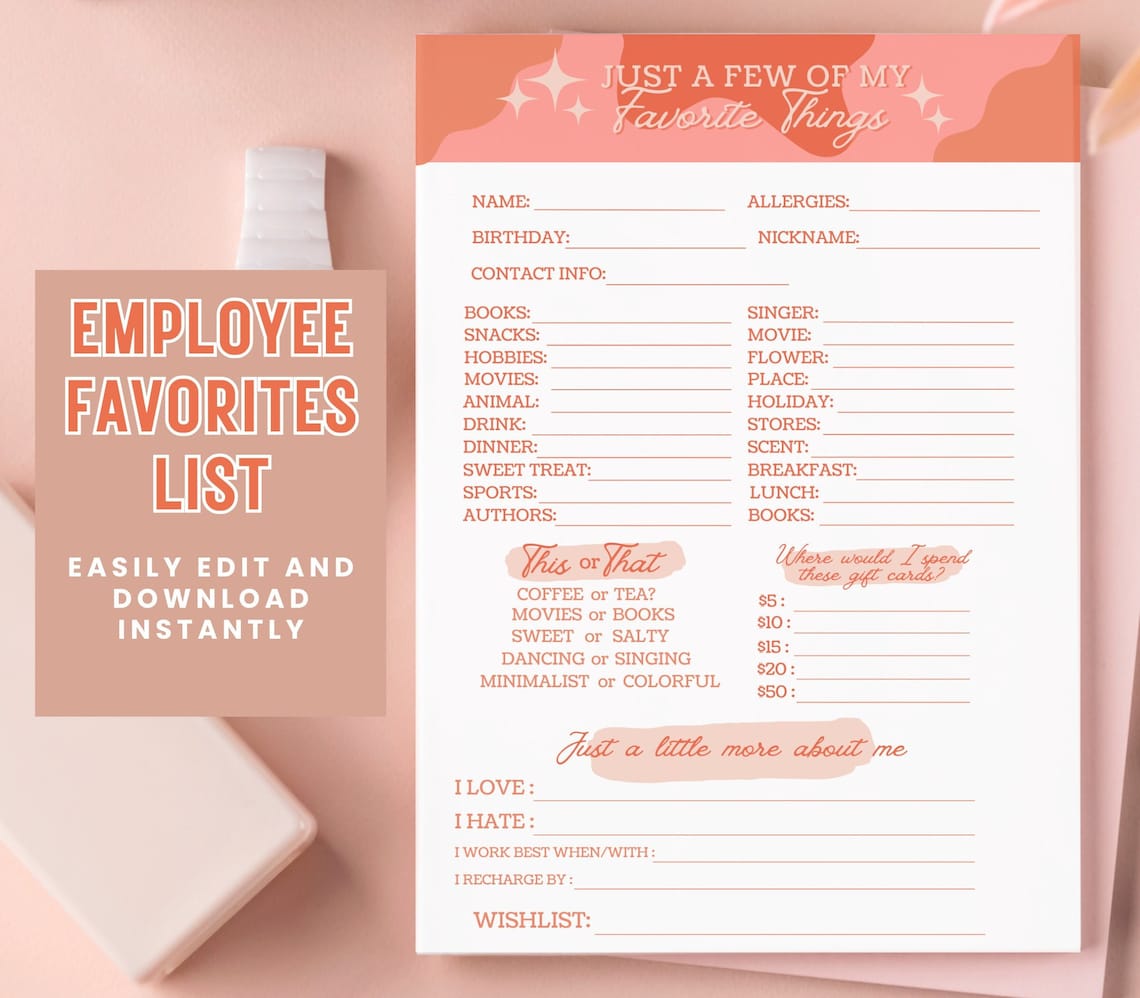 Employee Favorite Things List Printable, Coworker Things Questionnaire ...