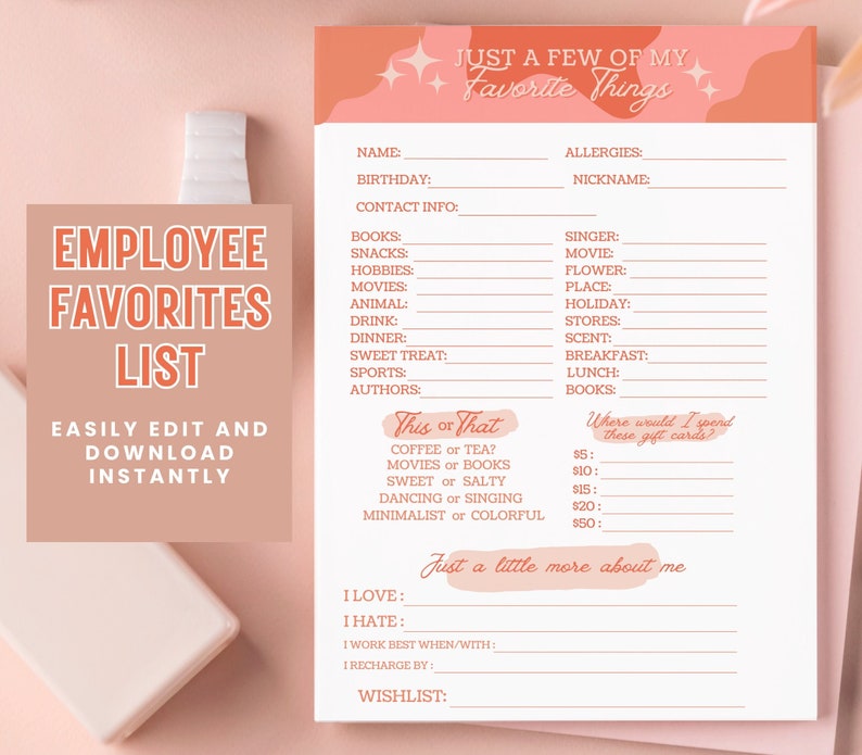 Employee Favorite Things List Printable, Coworker Things Questionnaire ...