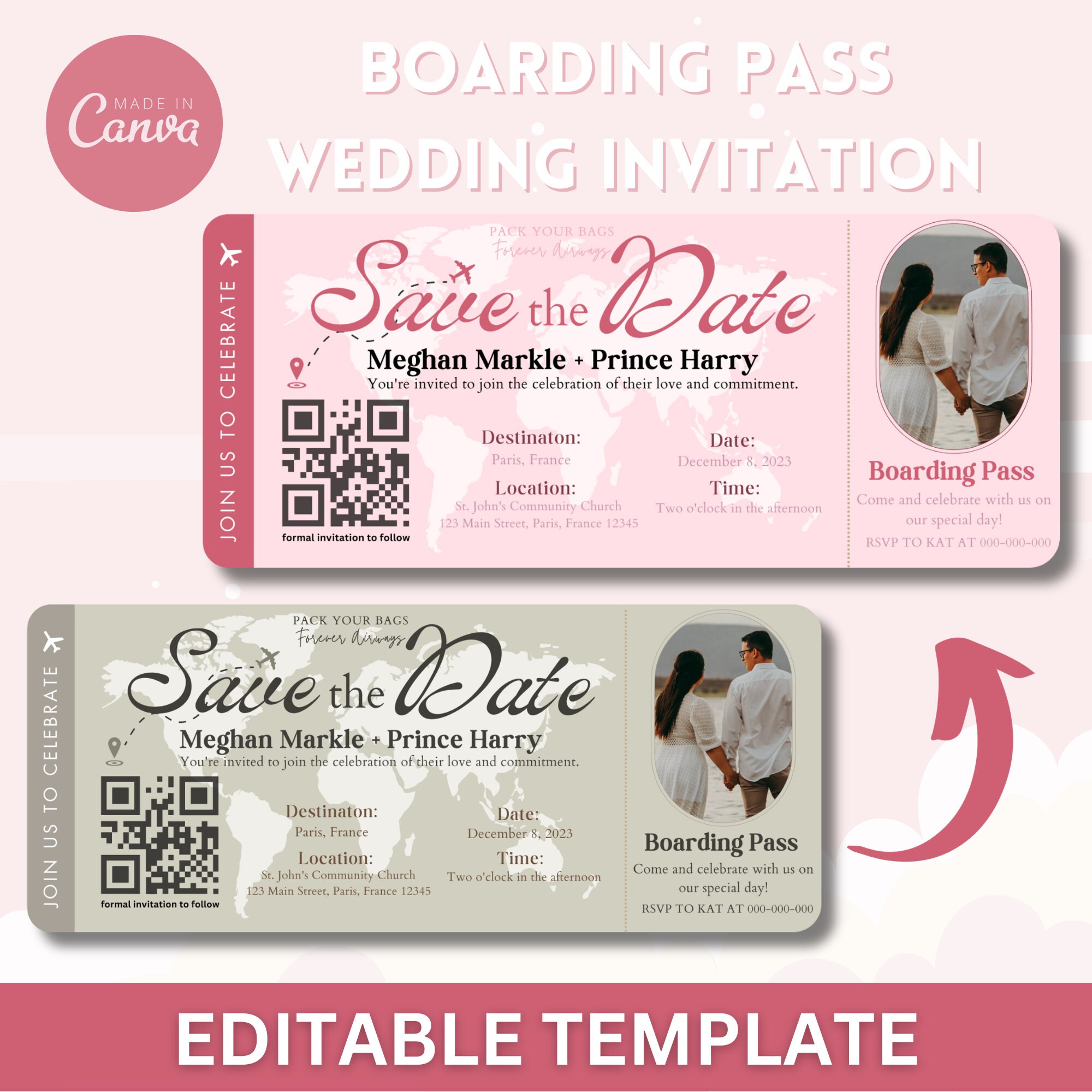Editable Boarding Pass Wedding Invitation Template Airline Ticket Canva ...