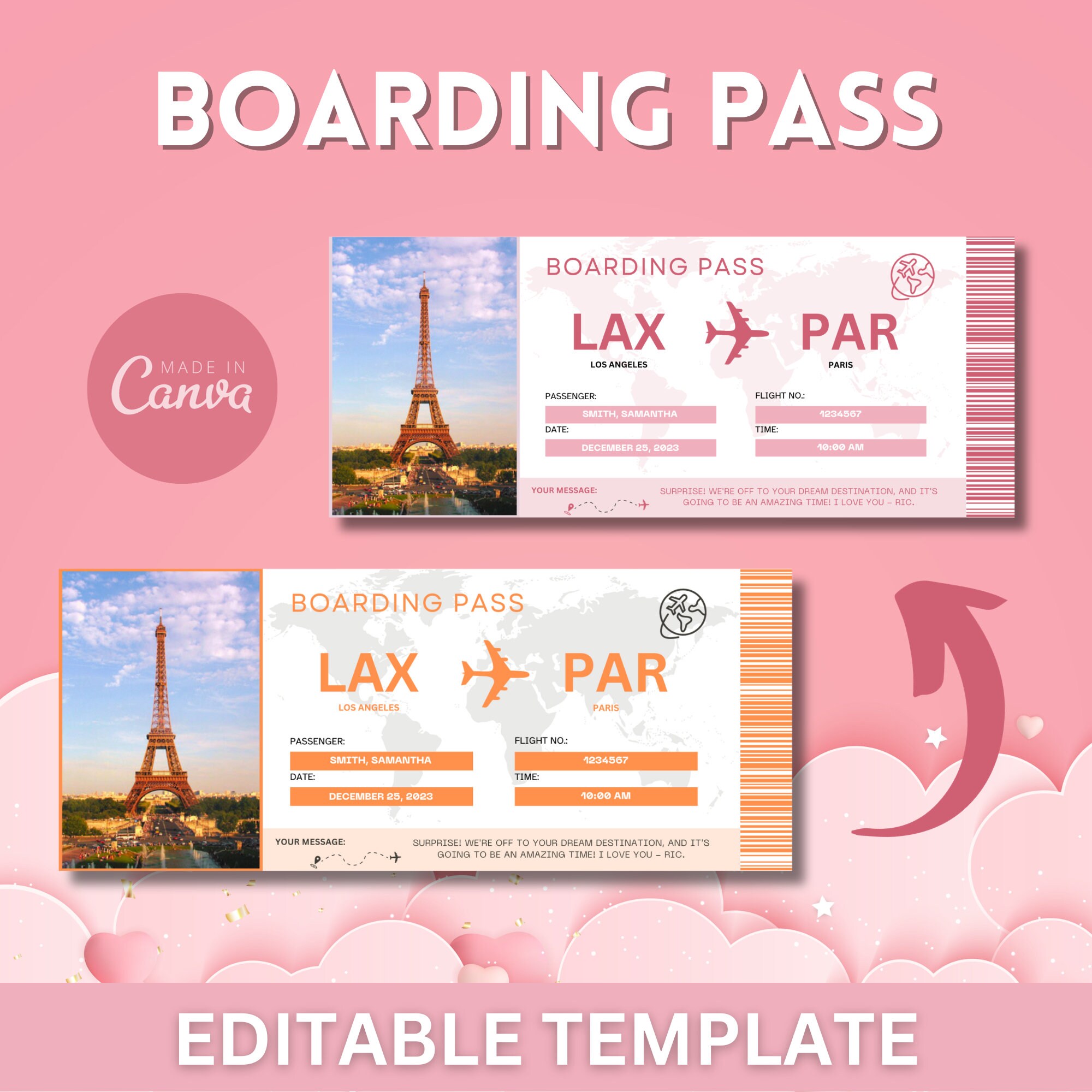 Editable Boarding Ticket Template Surprise Airline Gift Modern Design ...