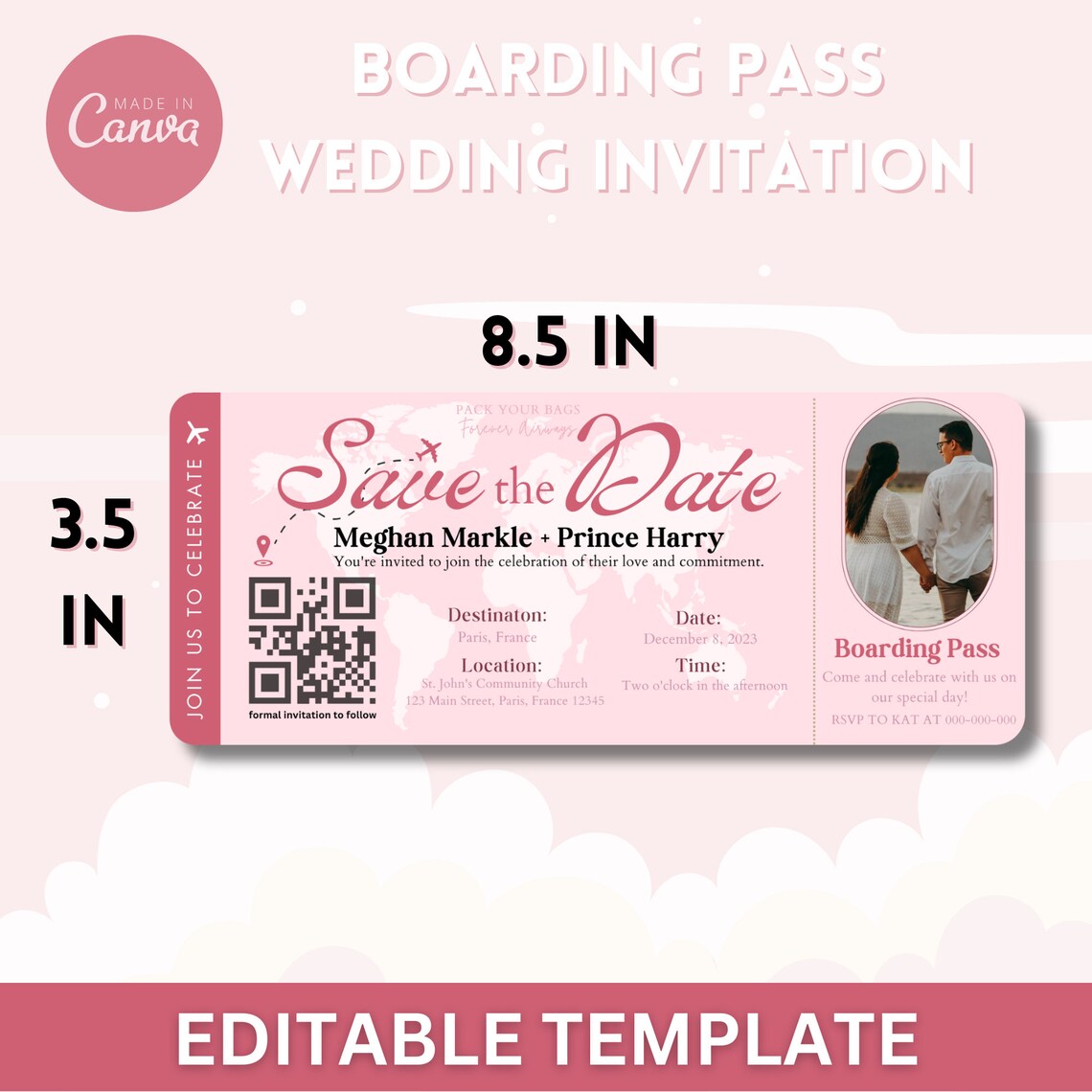 Editable Boarding Pass Wedding Invitation Template Airline Ticket Canva ...