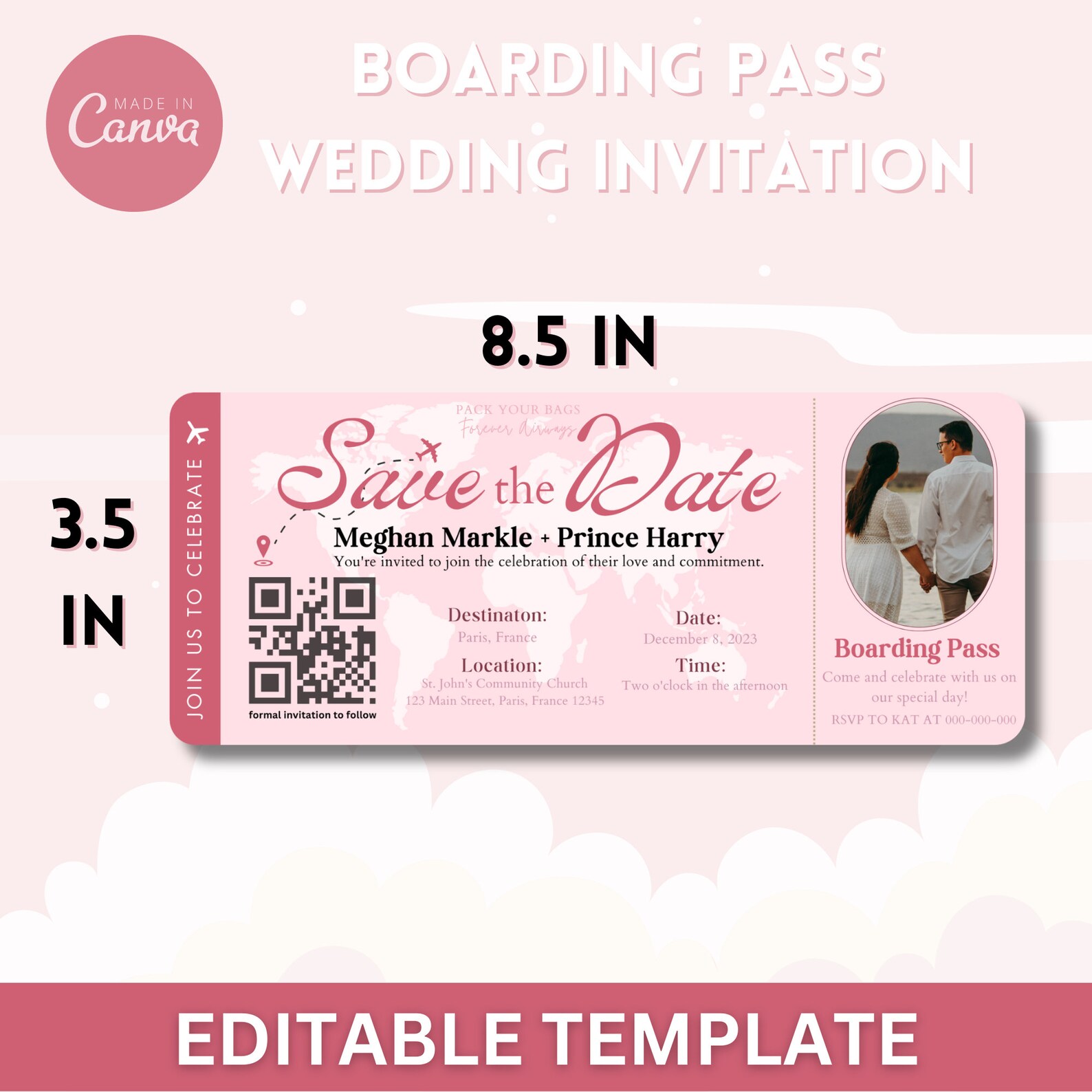Editable Boarding Pass Wedding Invitation Template Airline Ticket Canva ...