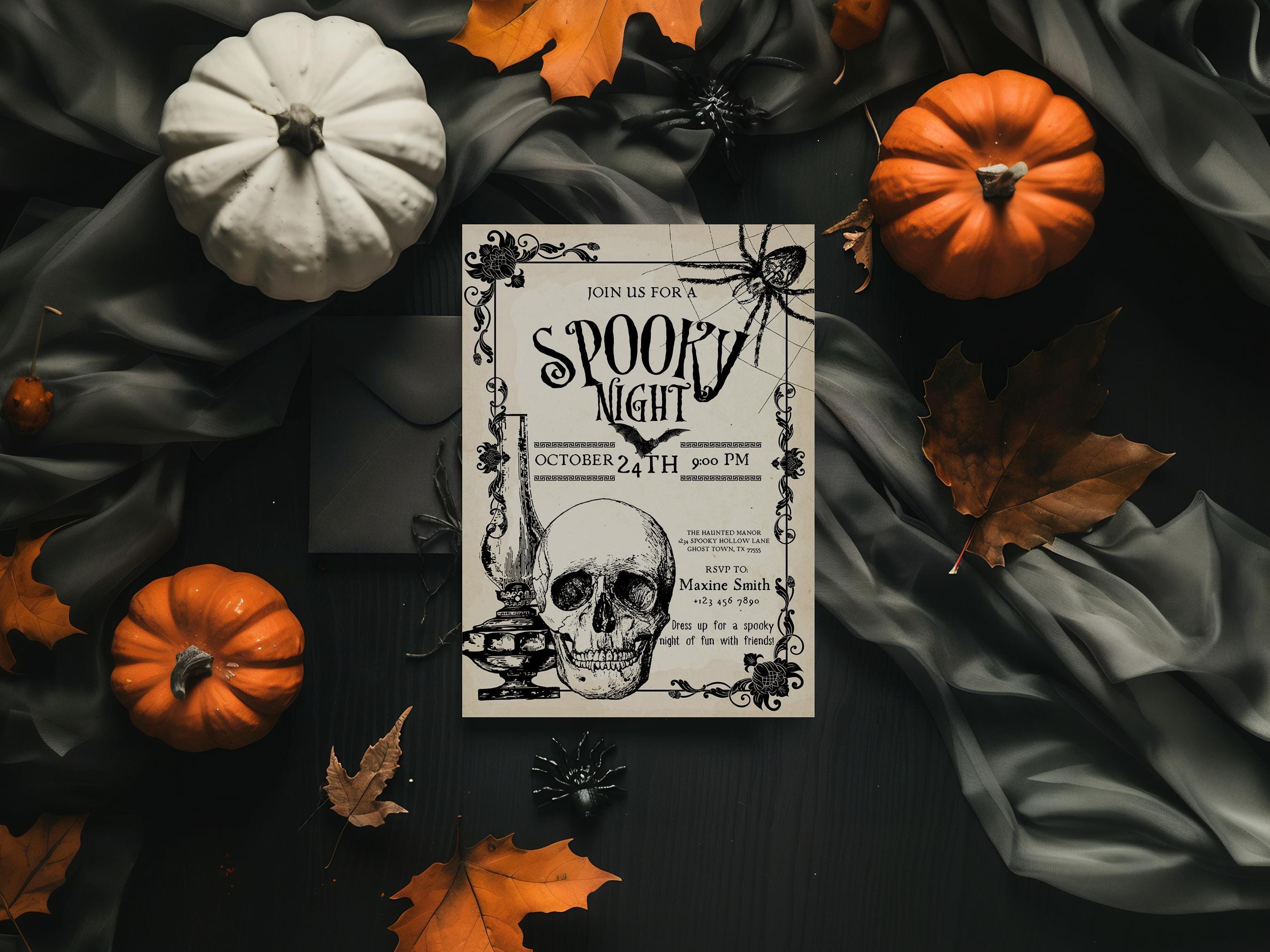 Vintage Halloween Invitation Template Gothic Skull Party Invite Antique ...