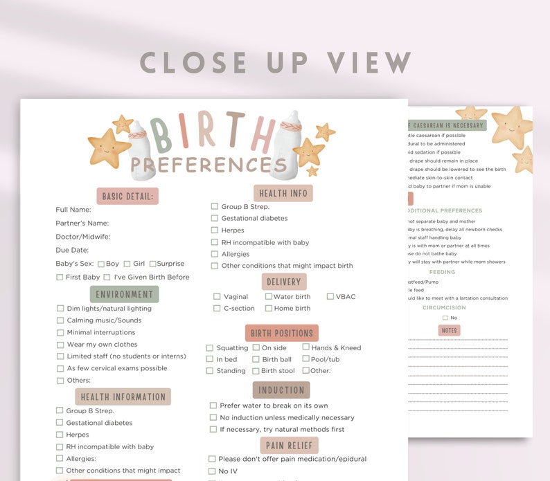 Birth Plan Template, Printable Birth Preferences, Visual Birthing Plan ...