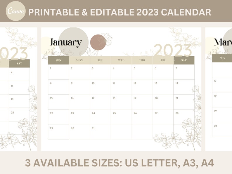 2023 Printable Calendar Landscape, Minimalist Monthly Calendar 2023 ...