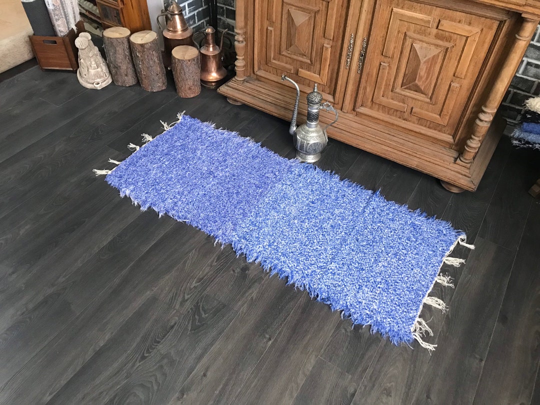 Small Handwoven Blue Rug, Blue Cotton Rug, Bathroom Rug, Bedroom Rug ...