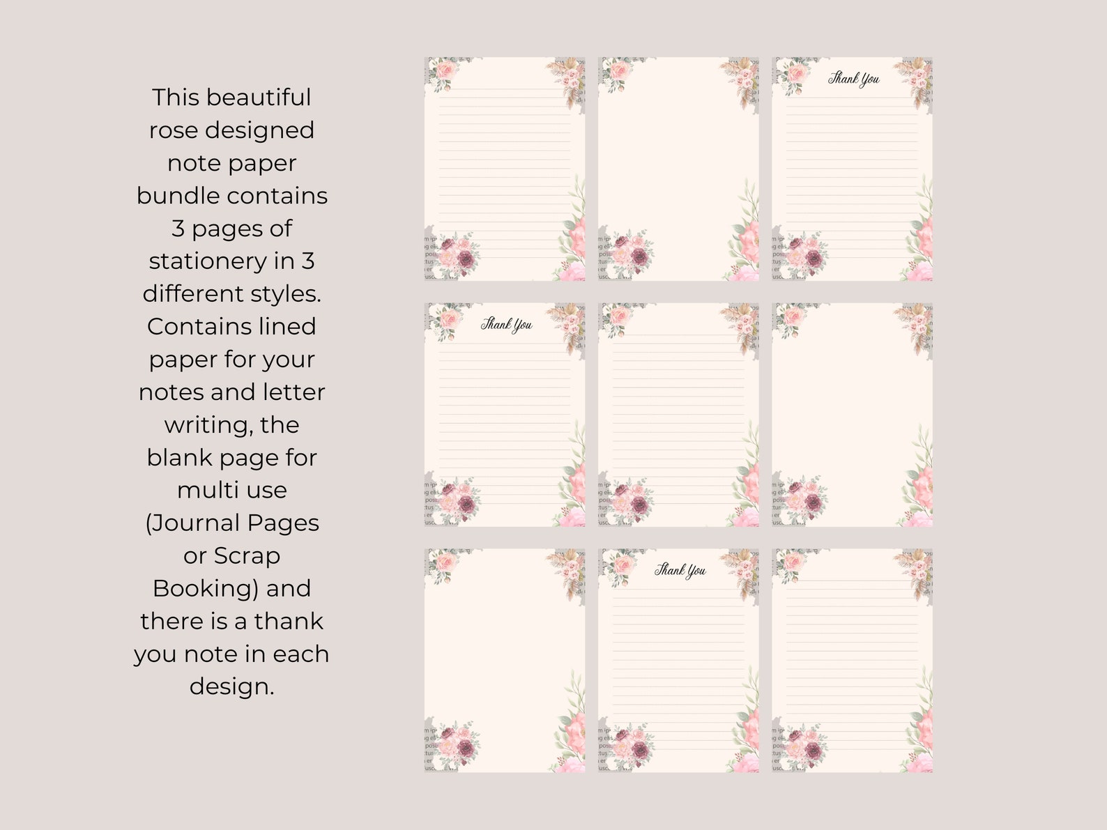 Pink Rose Themed Stationery, Note Paper for Letter Writing, Lined A4 ...