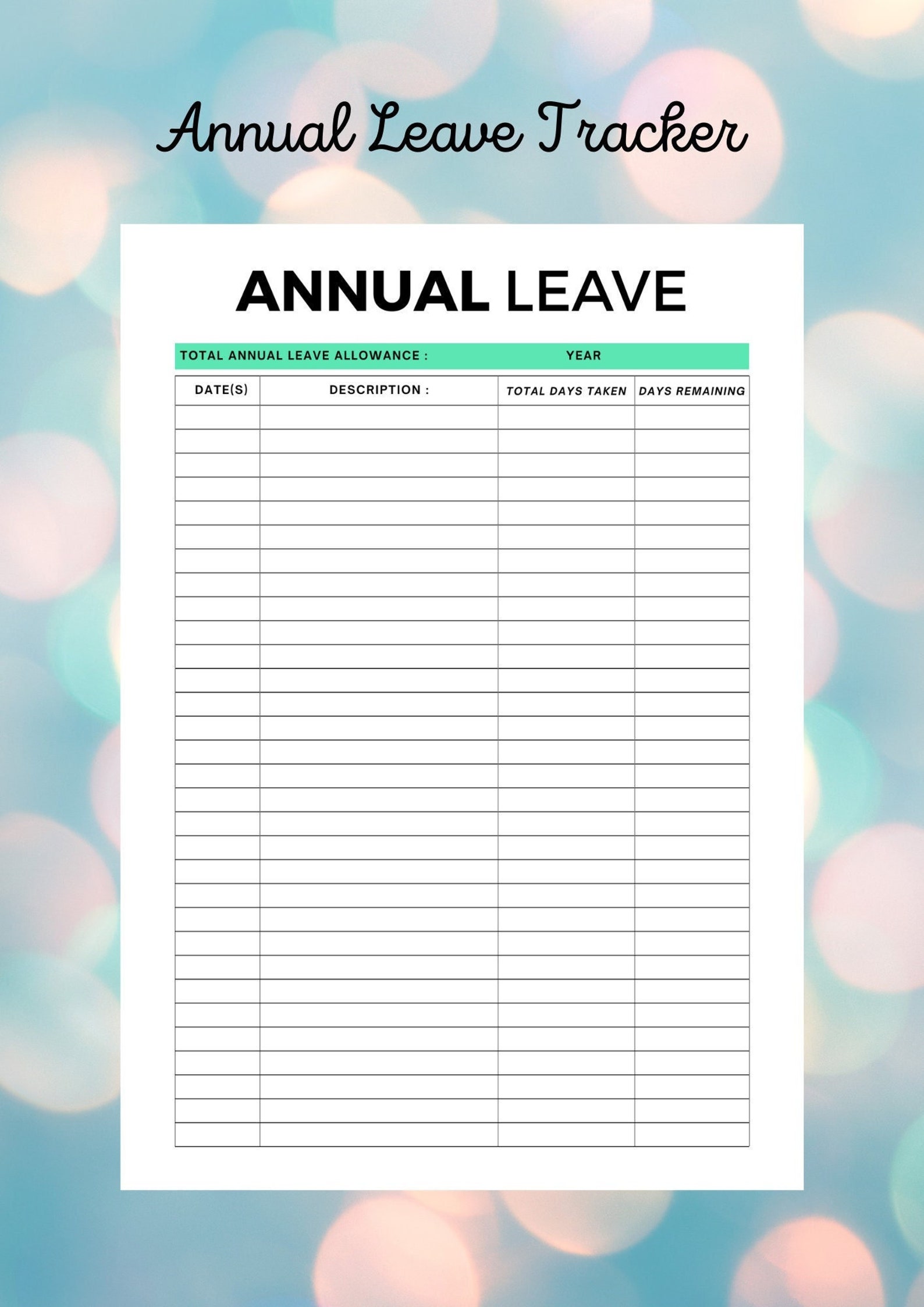 Annual Leave Tracker, Annual Leave Planner Printable, Holidays From ...
