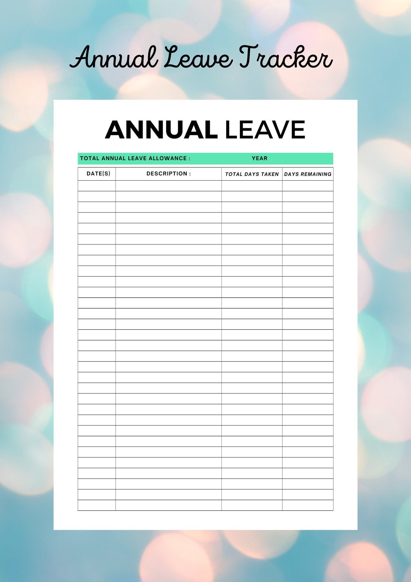 Annual Leave Tracker, Annual Leave Planner Printable, Holidays From ...