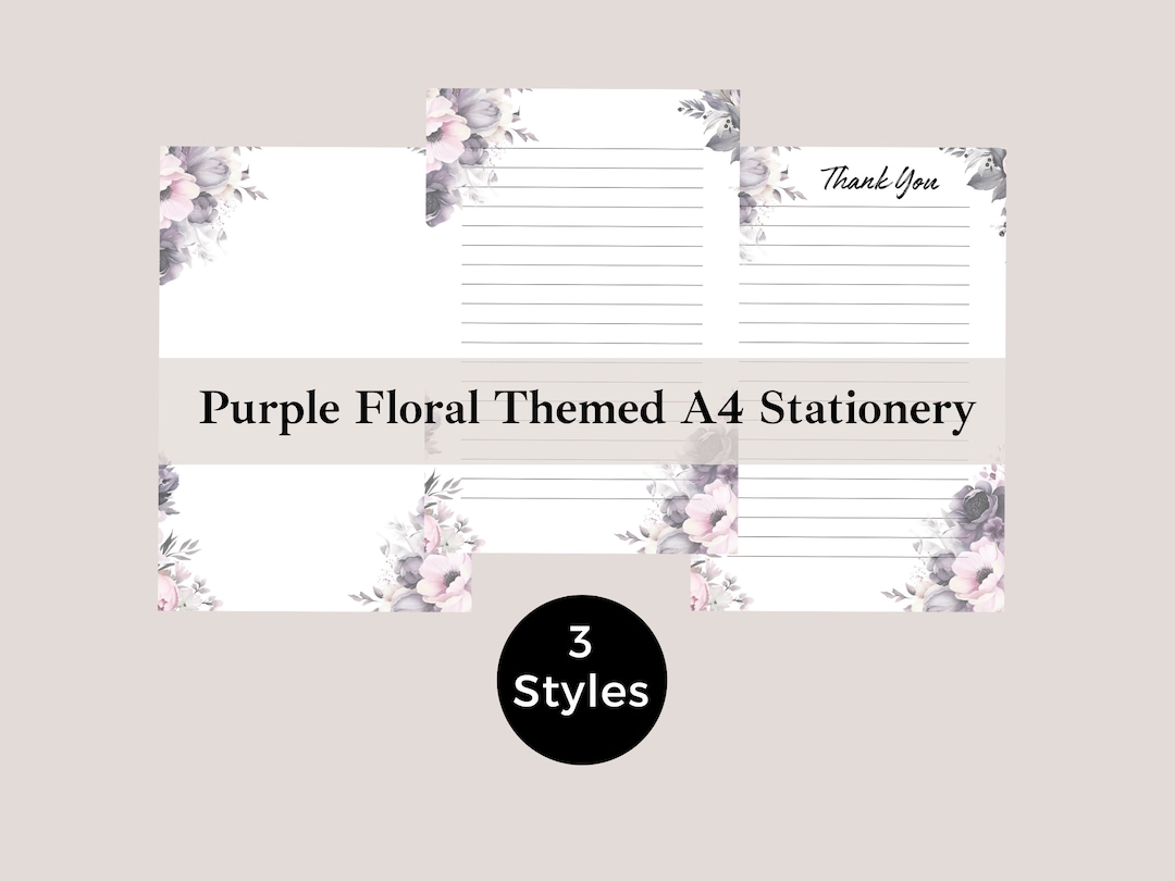 Printable Purple Floral Stationery Set, Printable Thank You Letter ...