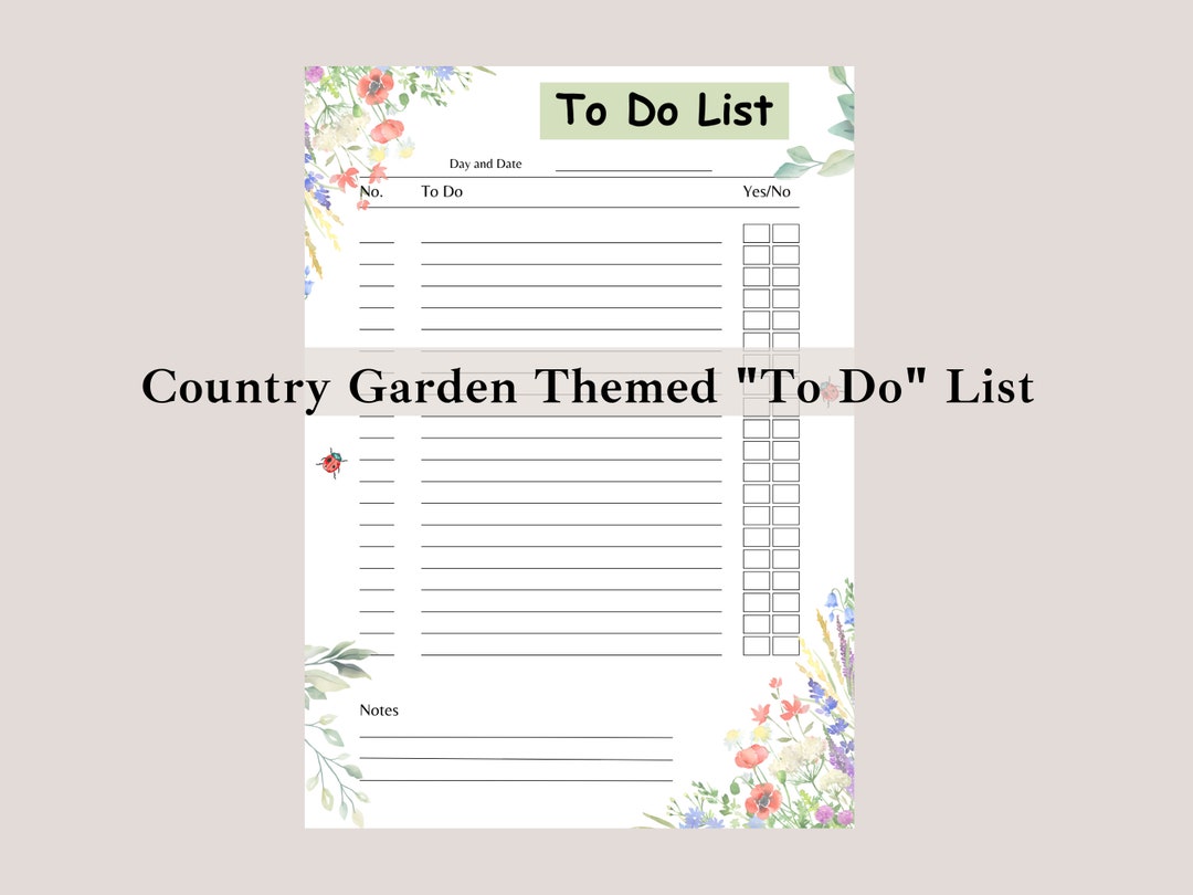 Pretty Country Garden Themed to Do List, Country Garden Printable Daily ...