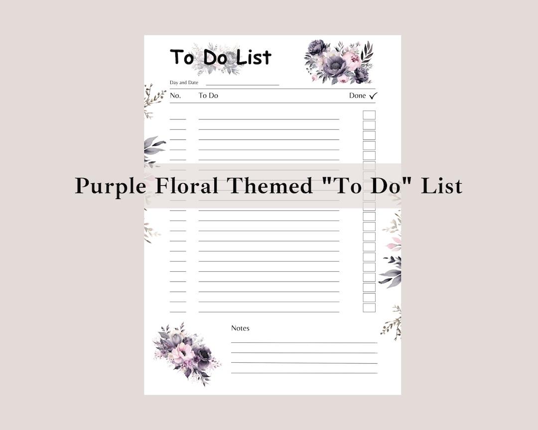Purple Floral Themed to Do List, Floral Themed Daily Planner, Purple ...