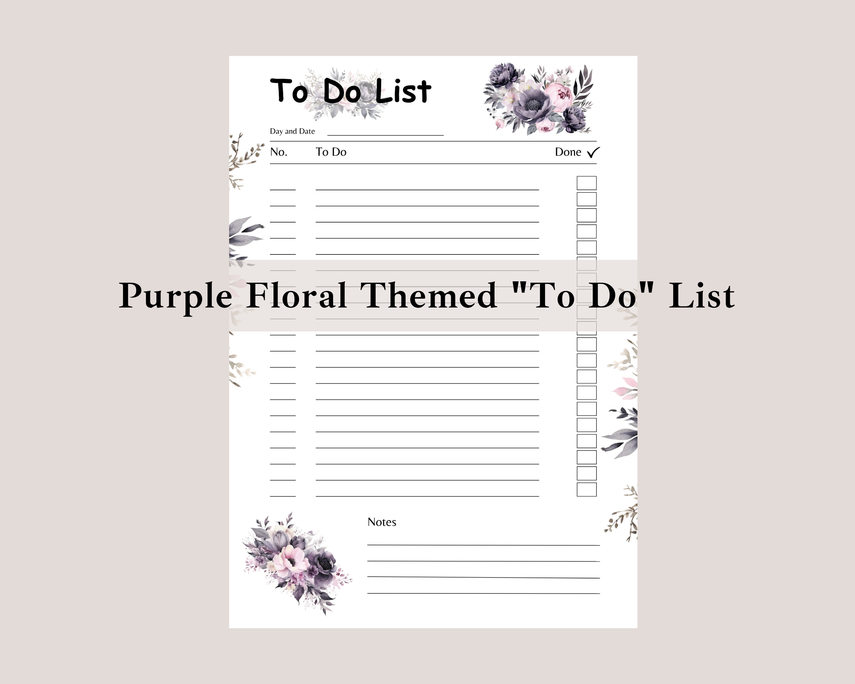 Purple Floral Themed to Do List, Floral Themed Daily Planner, Purple ...