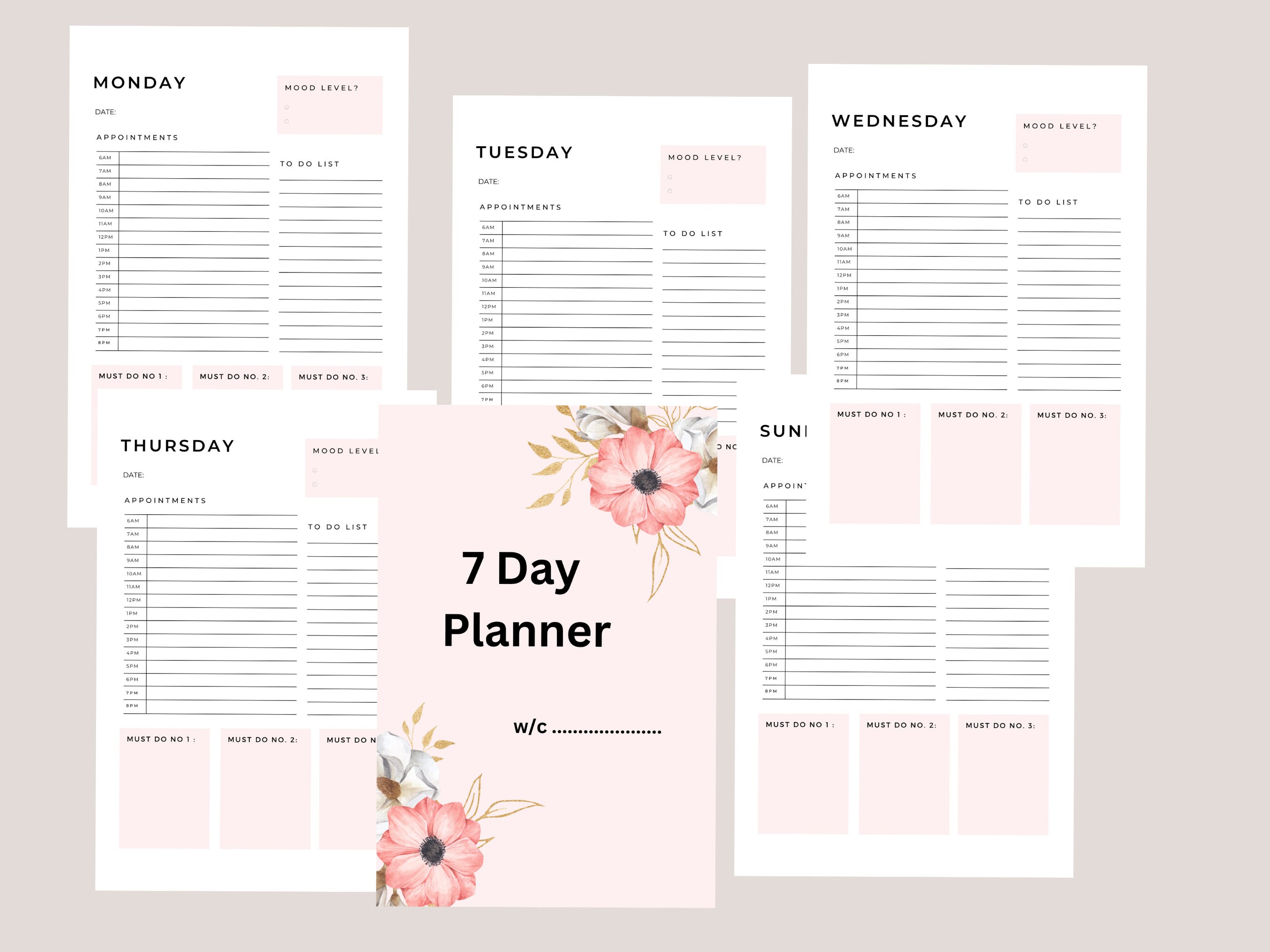 7 Day Printable Planning Pages, Printable Seven Day Planner, Stress ...