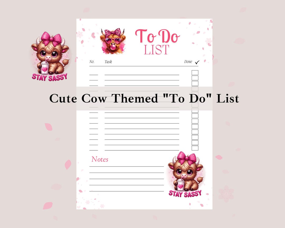 Cow Cute Themed to Do List, Cow List to Do Page Size A4, Printable ...