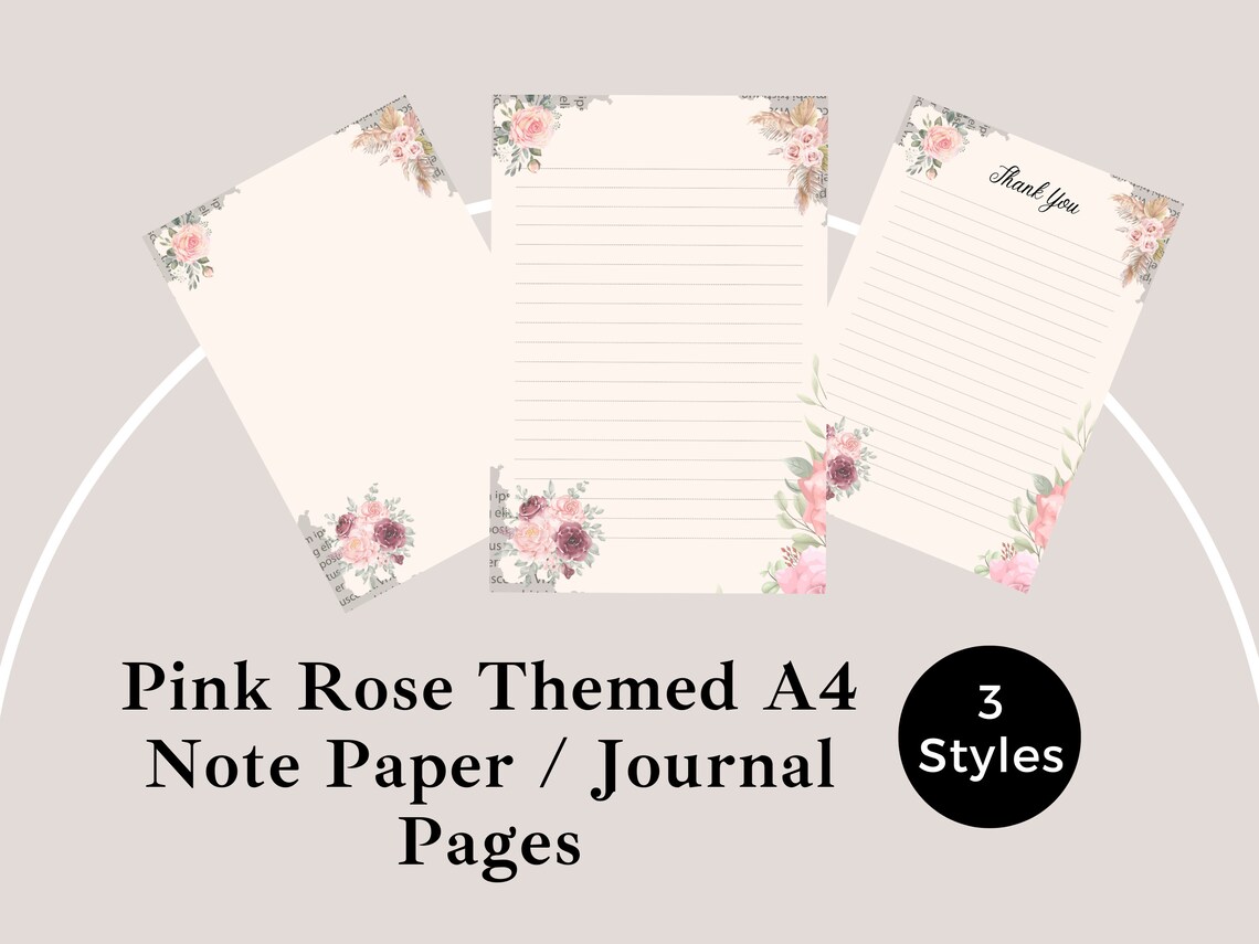 Pink Rose Themed Stationery, Note Paper for Letter Writing, Lined A4 ...