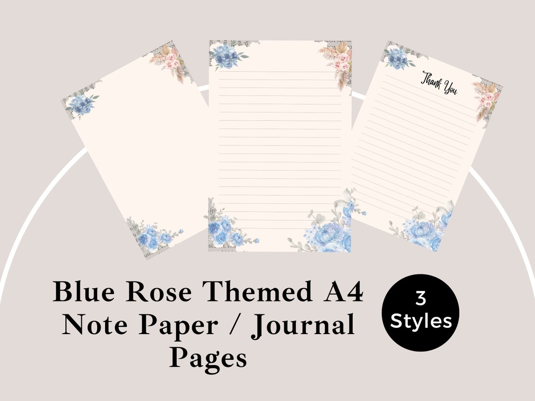 Blank Lined Journal Pages, Blue Rose Themed Stationery, Note Paper for ...