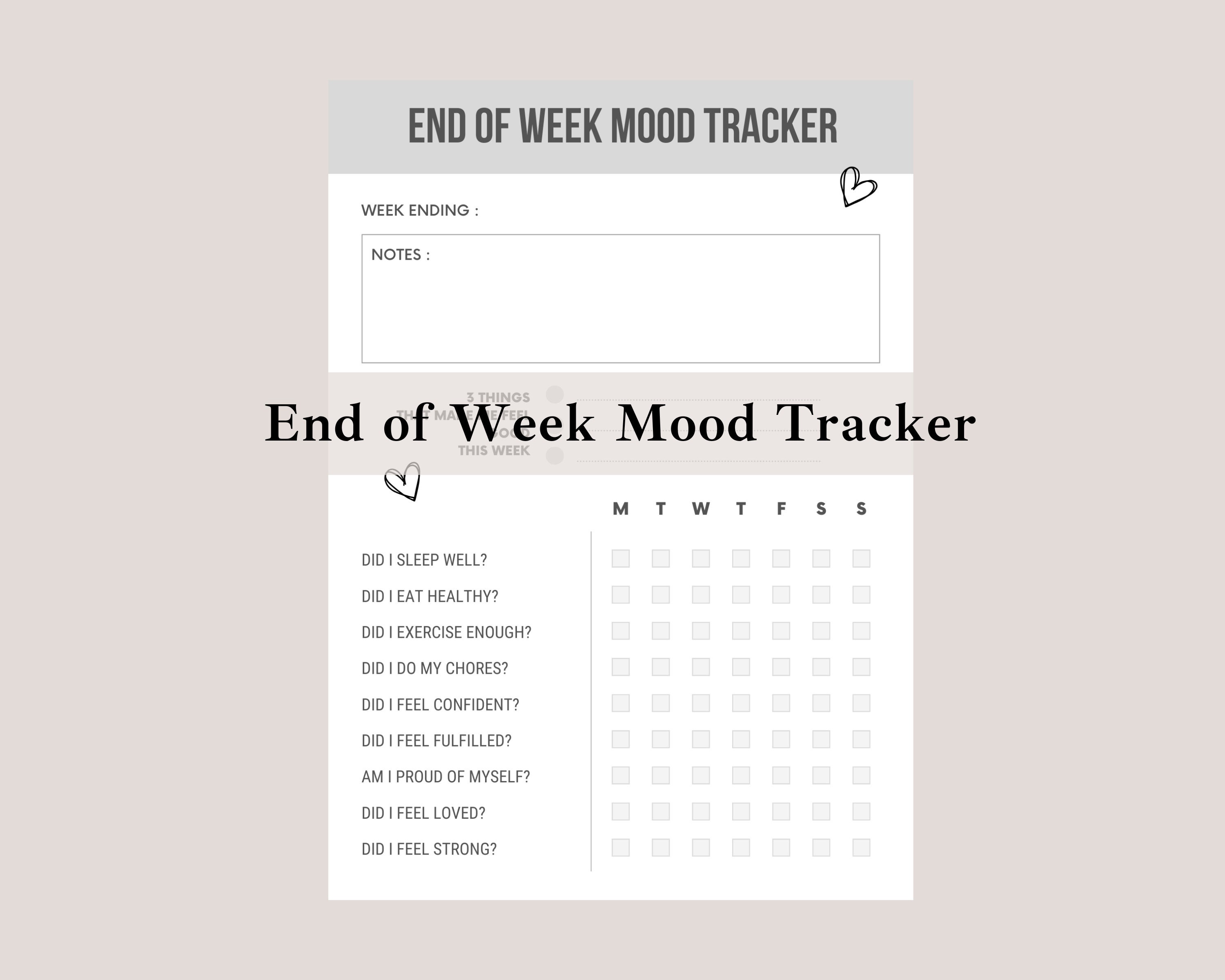 End of Week Mood Tracker, Printable Weekly Mood Tracker, Printable ...