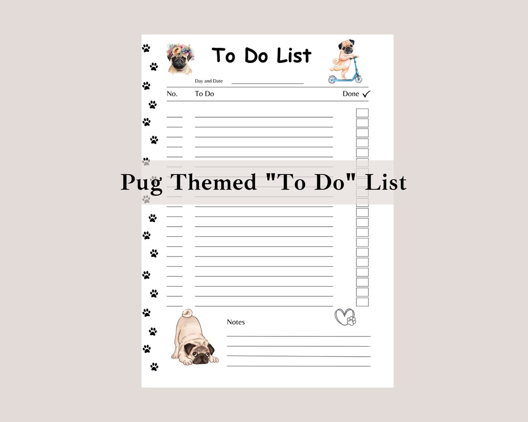 Cute Pug Themed to Do List, Pug Themed Daily Planner, Pug Themed Daily ...