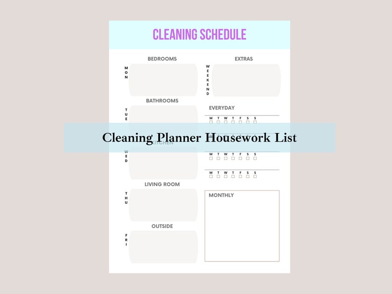 Simple Housework Planner Sheet, Cleaning and Housework Printable ...