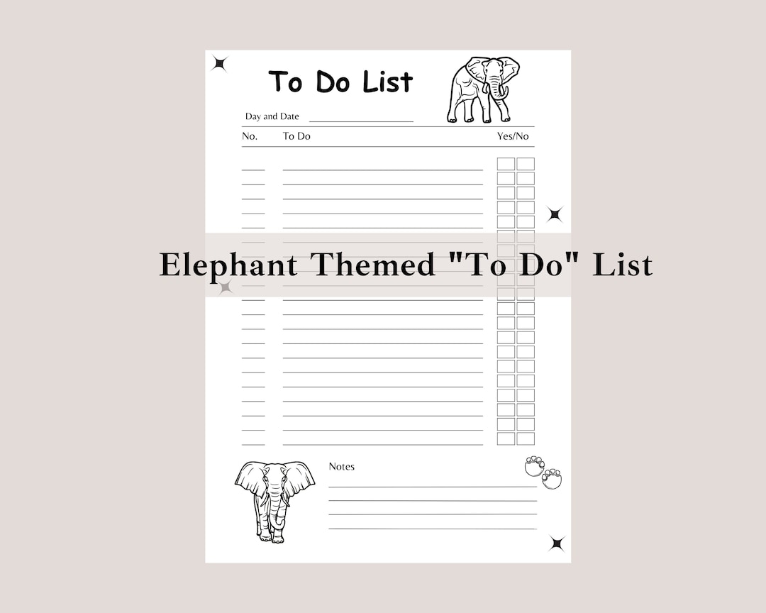 Elephant Themed to Do List, Printable to Do List Elephant Note Page ...