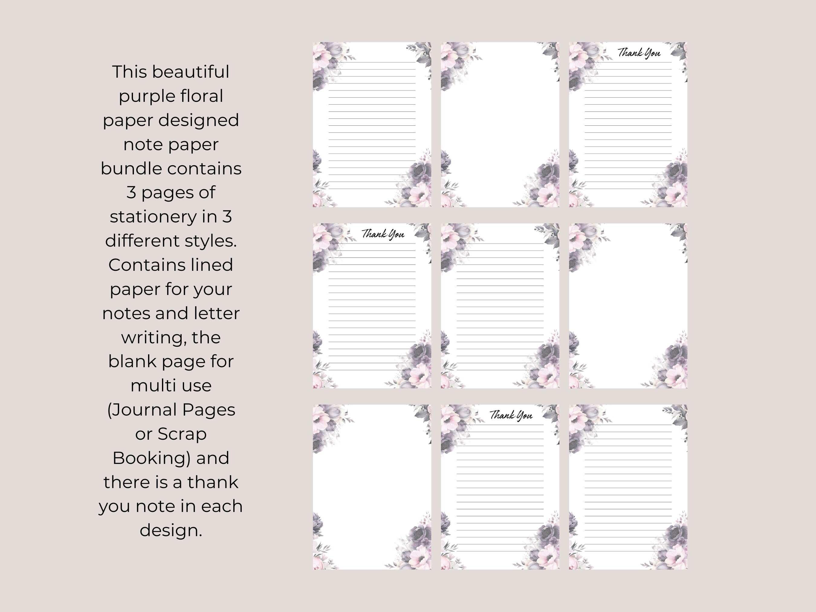 Printable Purple Floral Stationery Set, Printable Thank You Letter ...